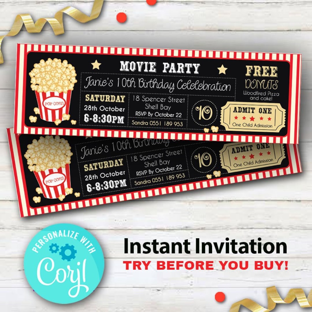Movie Ticket, Party Invitations - Stylish Red and White Theme. Edit ...