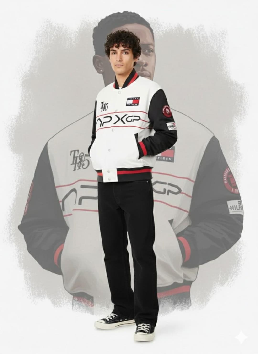 White & Black Racing Varsity Jacket | Retro Globe Patch Design | 1985 ...