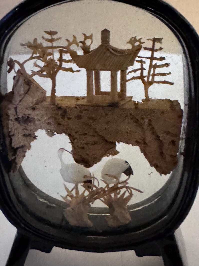 Vintage Chinese Cork Diorama Shadow Box – Miniature Pagoda & Cranes ...