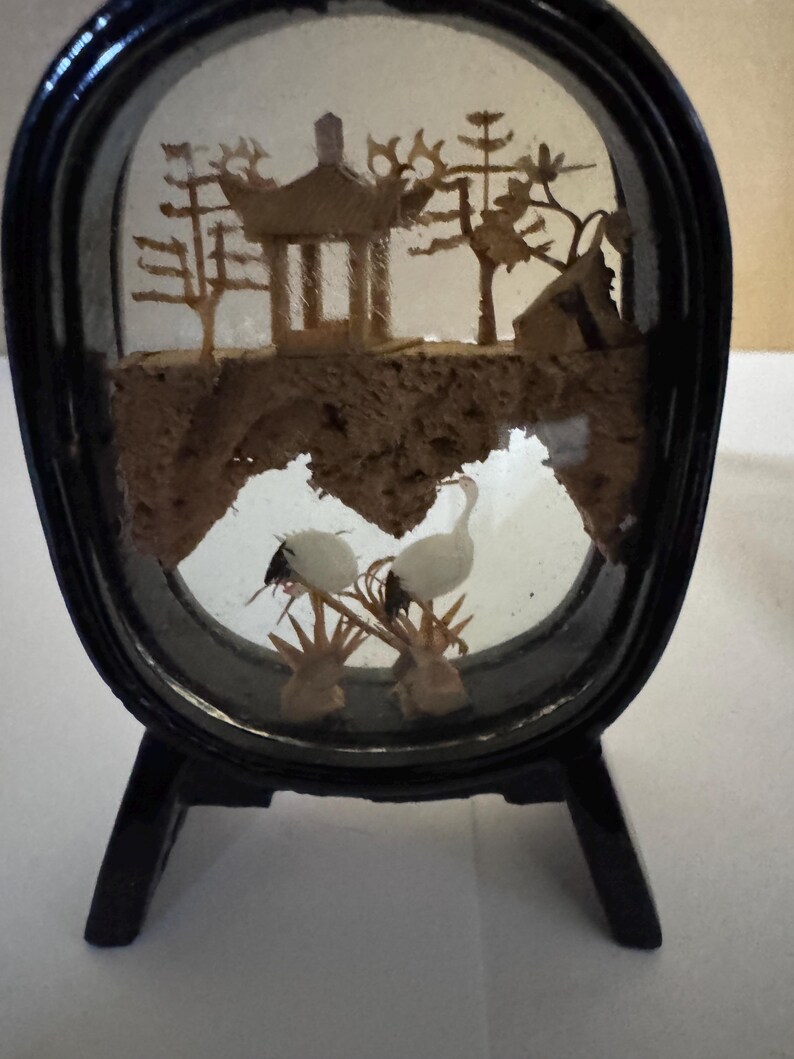 Vintage Chinese Cork Diorama Shadow Box – Miniature Pagoda & Cranes ...