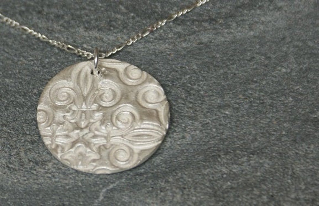 Matt Silver Necklace, Silver Pendant, Silver Embossed Necklace, Round ...