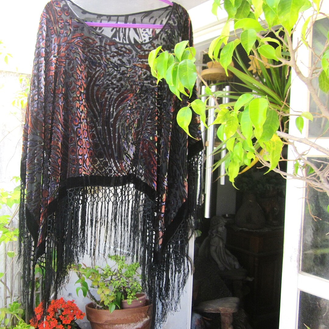 Fabulous Black & Rust-orange Burnout SILK VELVET Poncho Top W/long ...