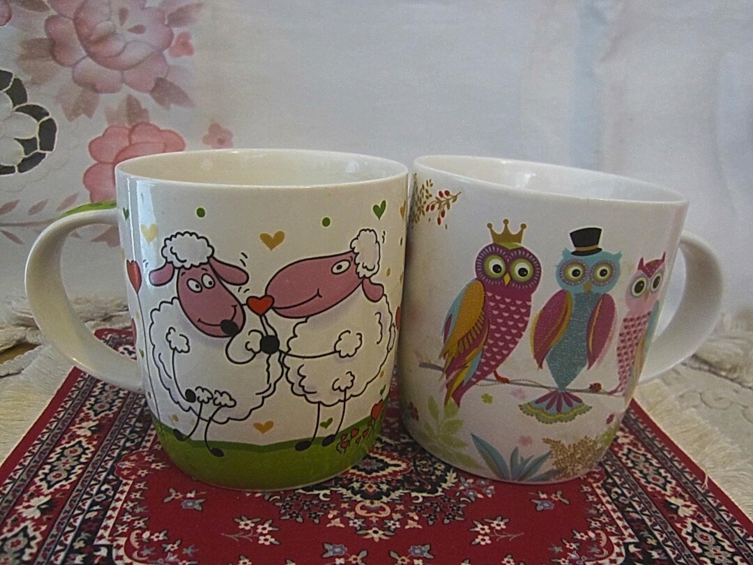 Huggable Set of Two Hand Painted Ceramic Pottery Coffee Mugs W/handles ...