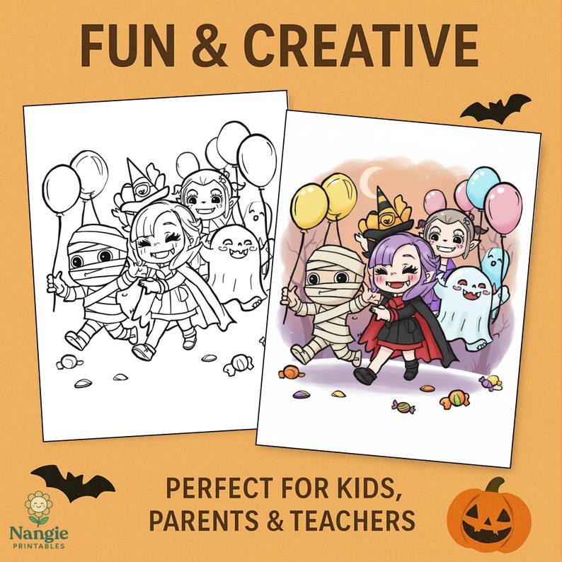 Kawaii Halloween Coloring Pages for Kids – Printable PDF Sheets for ...