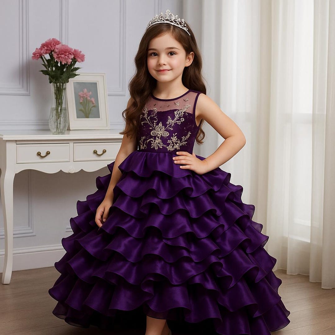 Luxury Princess Dress for Girls, Layered Ruffle Gown With Embroidered ...