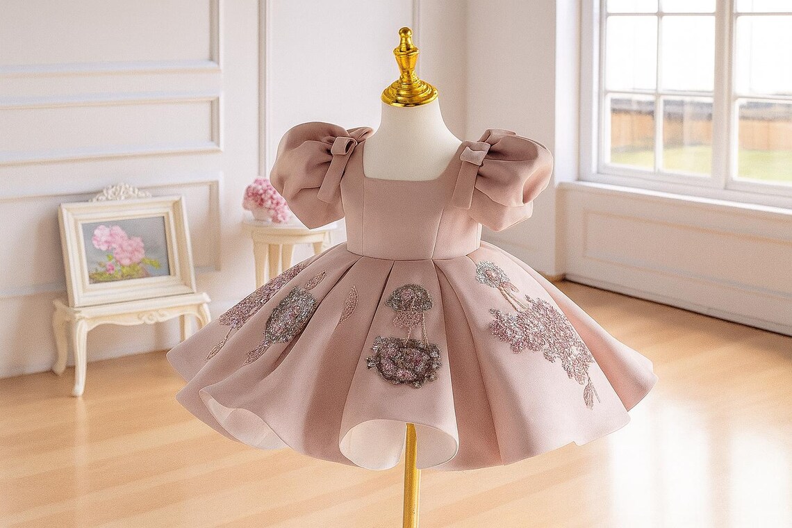 Elegant Pink Princess Dress for Girls, Puffy Sleeve Flower Gown, Luxury ...