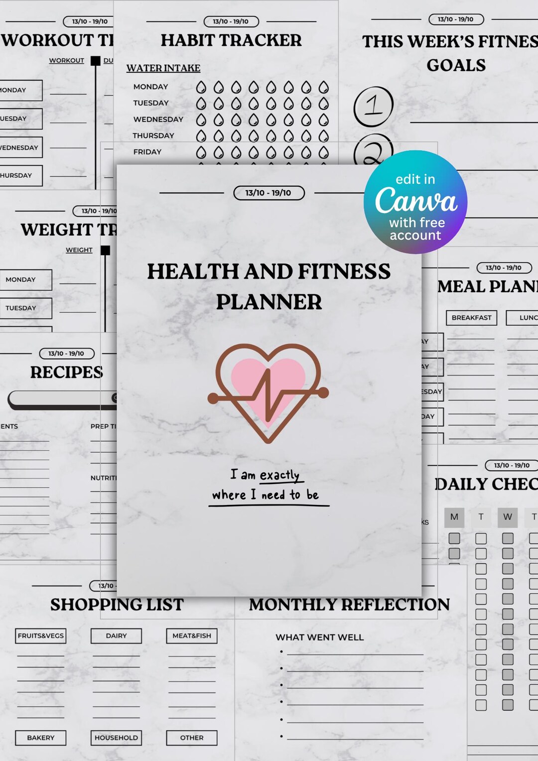 Printable Weekly Planner PDF | Health & Fitness Bundle | Editable Canva ...