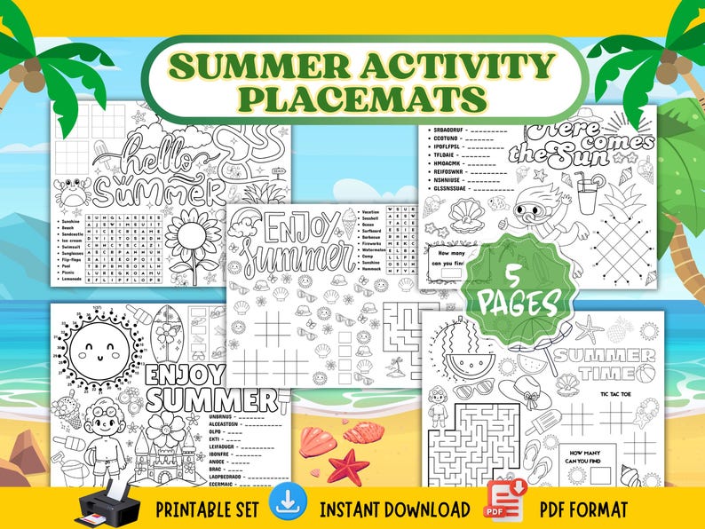 Summer Activity Placemats Printable Set for Kids – Mazes, Word Search ...