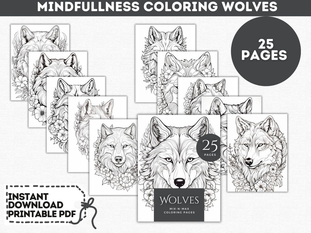 Mindfulness Wolves Coloring Book Printable Pages for Adults Relaxation ...