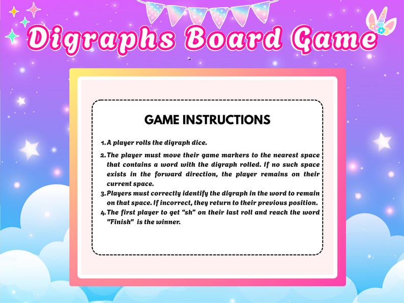 Unicorn Digraphs Board Game Printable | Phonics Literacy Center ...