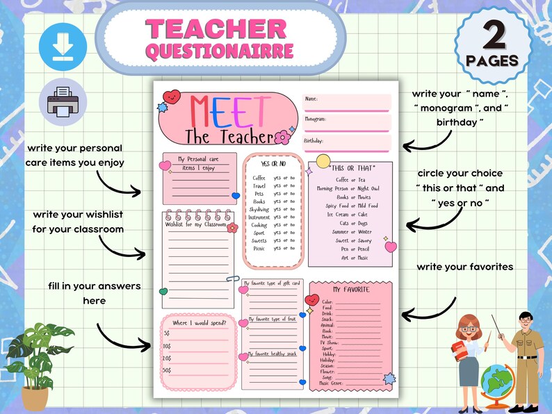 Teacher Questionnaire Printable | Meet the Teacher All About My Teacher ...