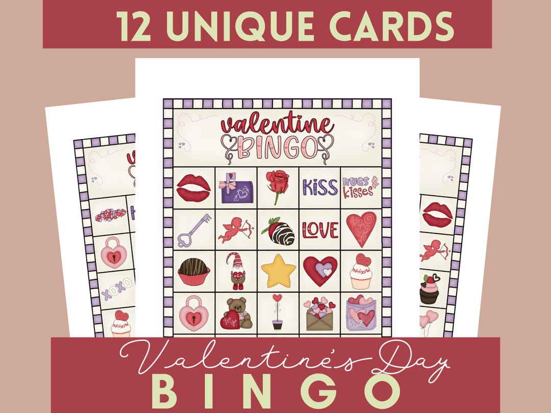 Jeu de bingo à imprimer pour la Saint-Valentin, avec 12 cartes uniques ...