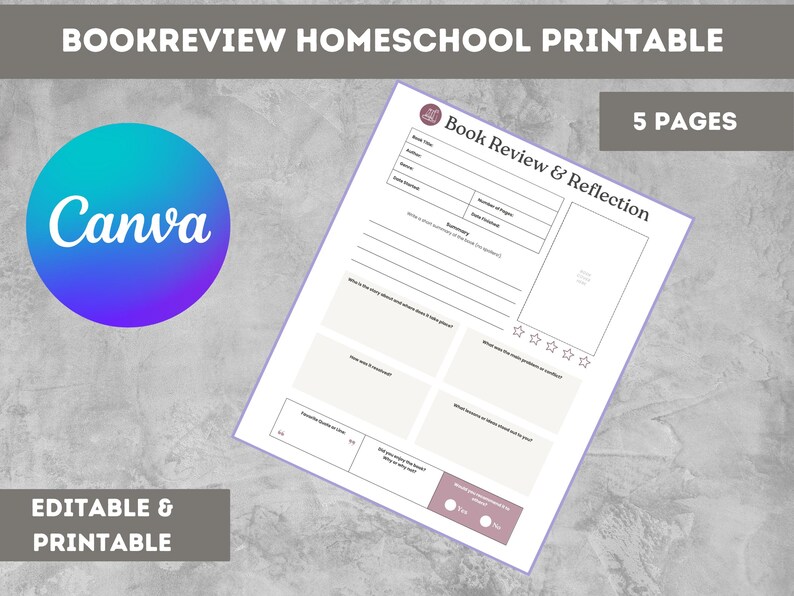 Book Review Homeschool Printable Editable Reading Reflection Worksheets ...