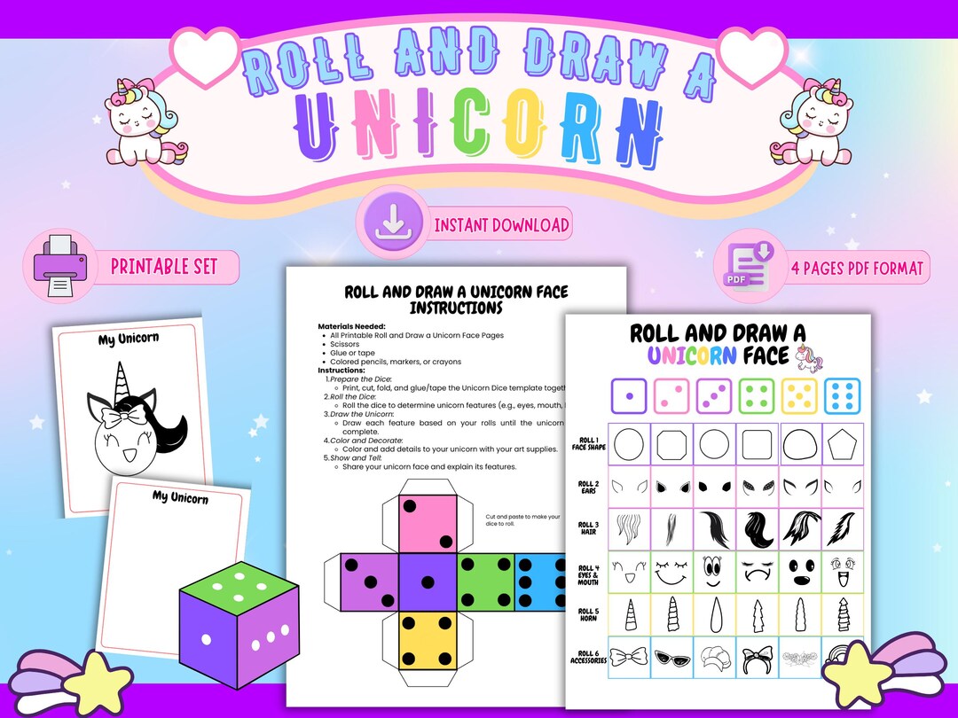 Roll and Draw a Unicorn Game Printable | Fun Drawing Activity for Kids ...
