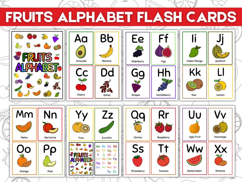 Fruits Alphabet Flash Cards Printable PDF for Kids Learning Letters A ...