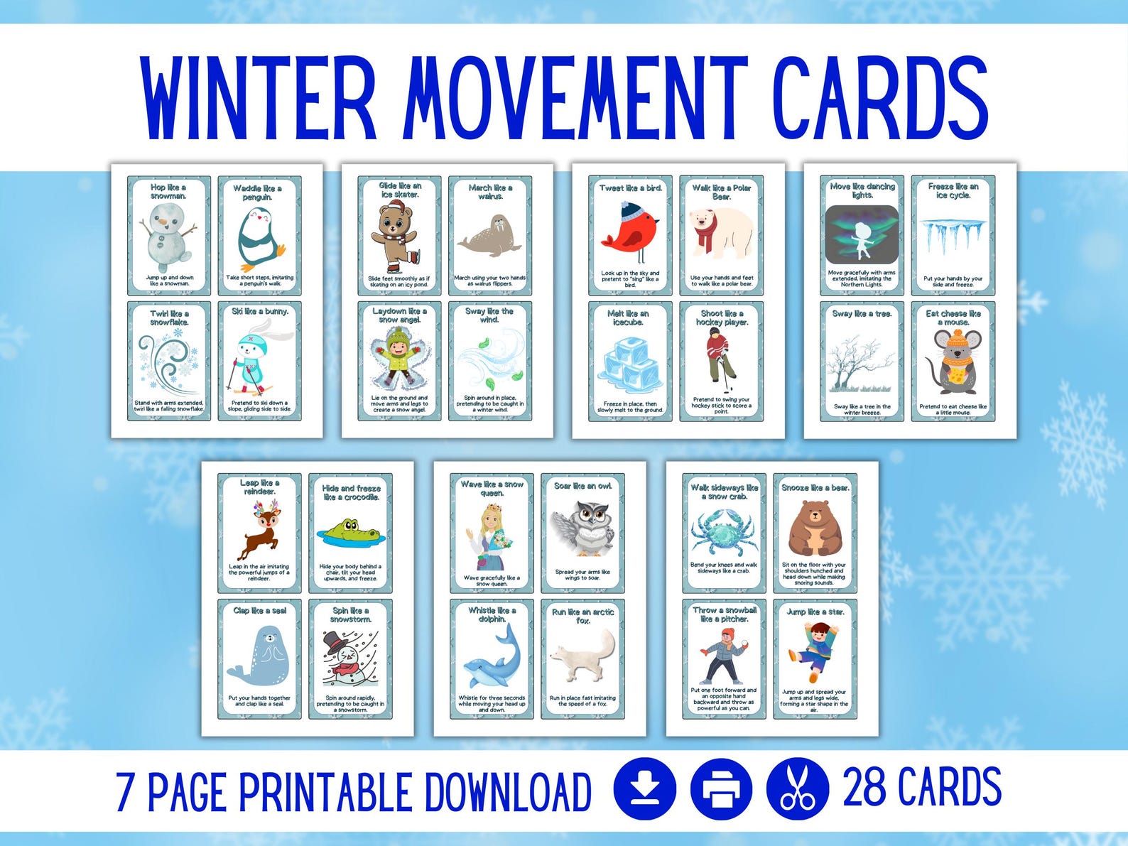 Winter Movement Cards for Kids | Printable Gross Motor Activities | Fun ...
