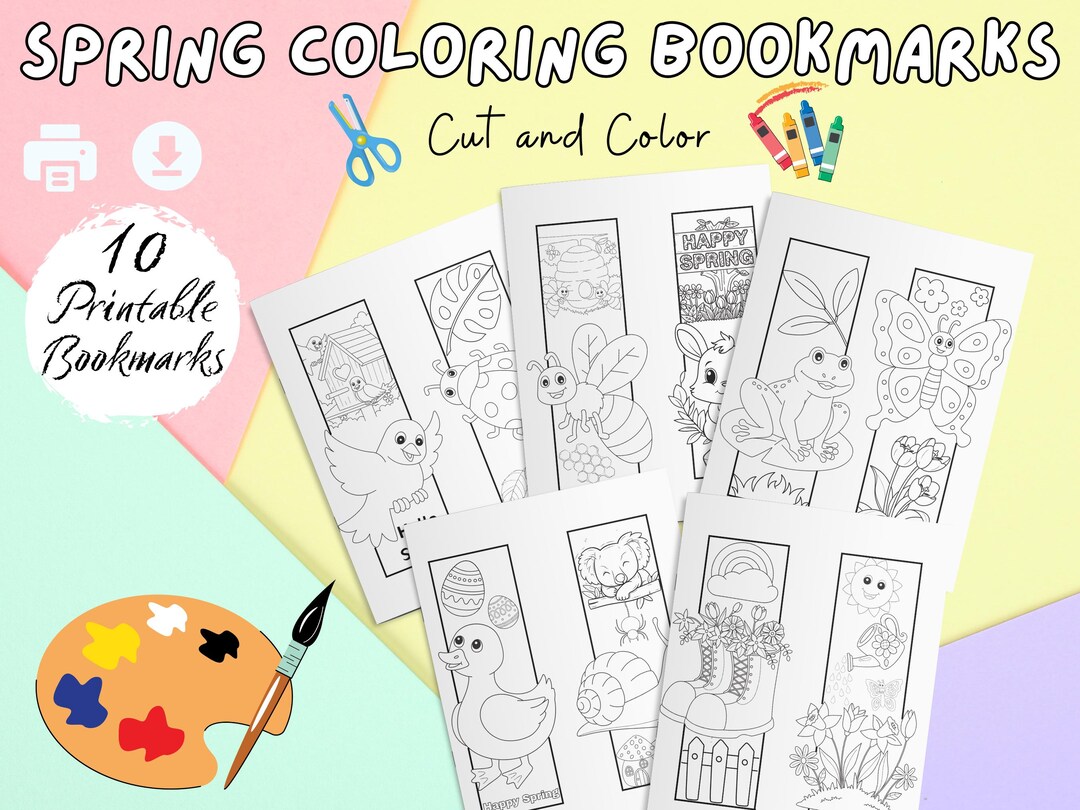 Spring Coloring Bookmarks Printable Set for Kids | 10 Cut and Color ...