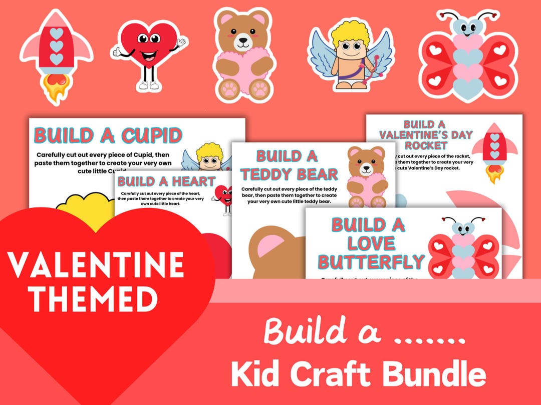 Valentine Build a Craft Bundle Printable for Kids | Cupid Heart Teddy ...