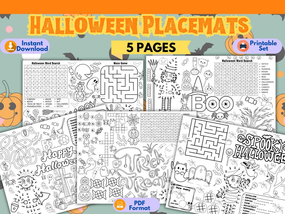 Halloween Activity Placemats Printable Set | 5 Page Kids Halloween ...