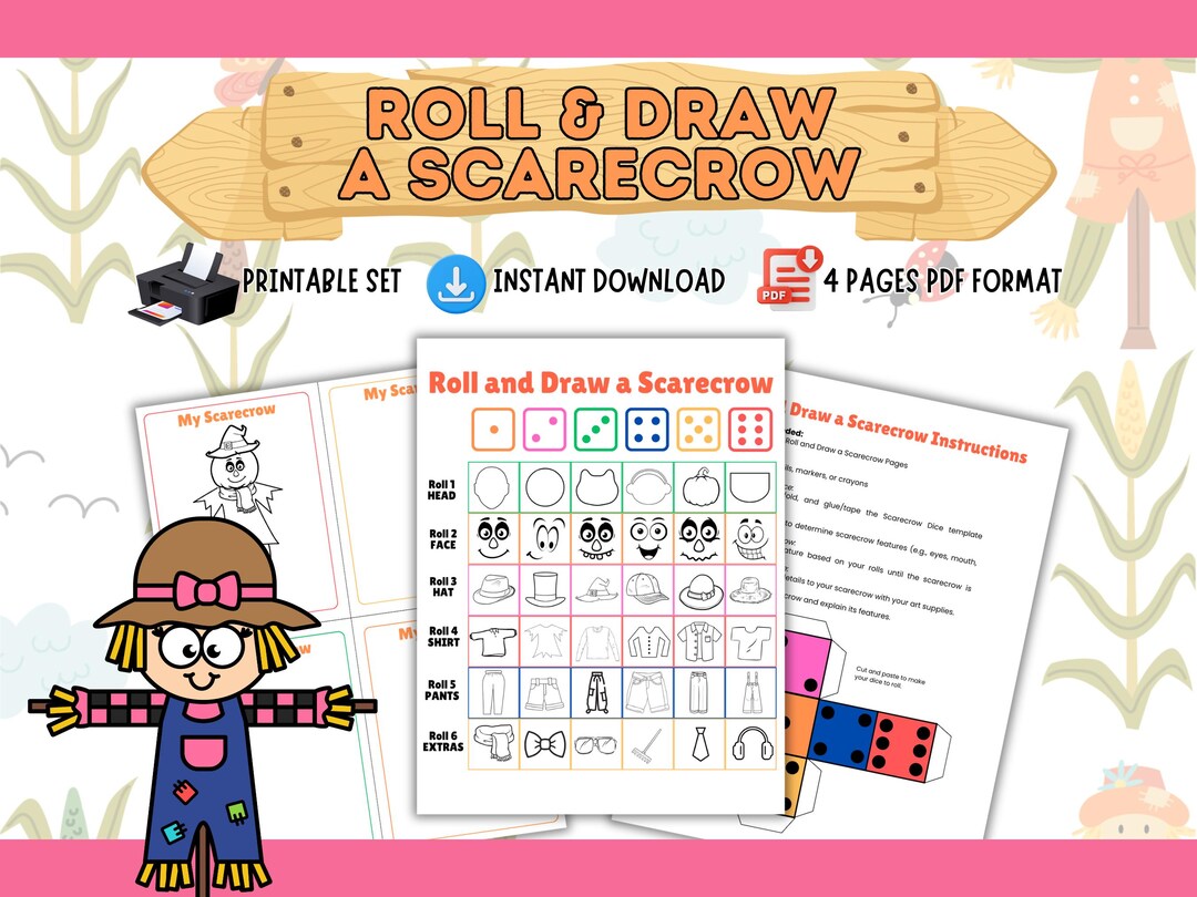 Roll and Draw a Scarecrow Printable Game for Kids | Fun Fall Drawing ...