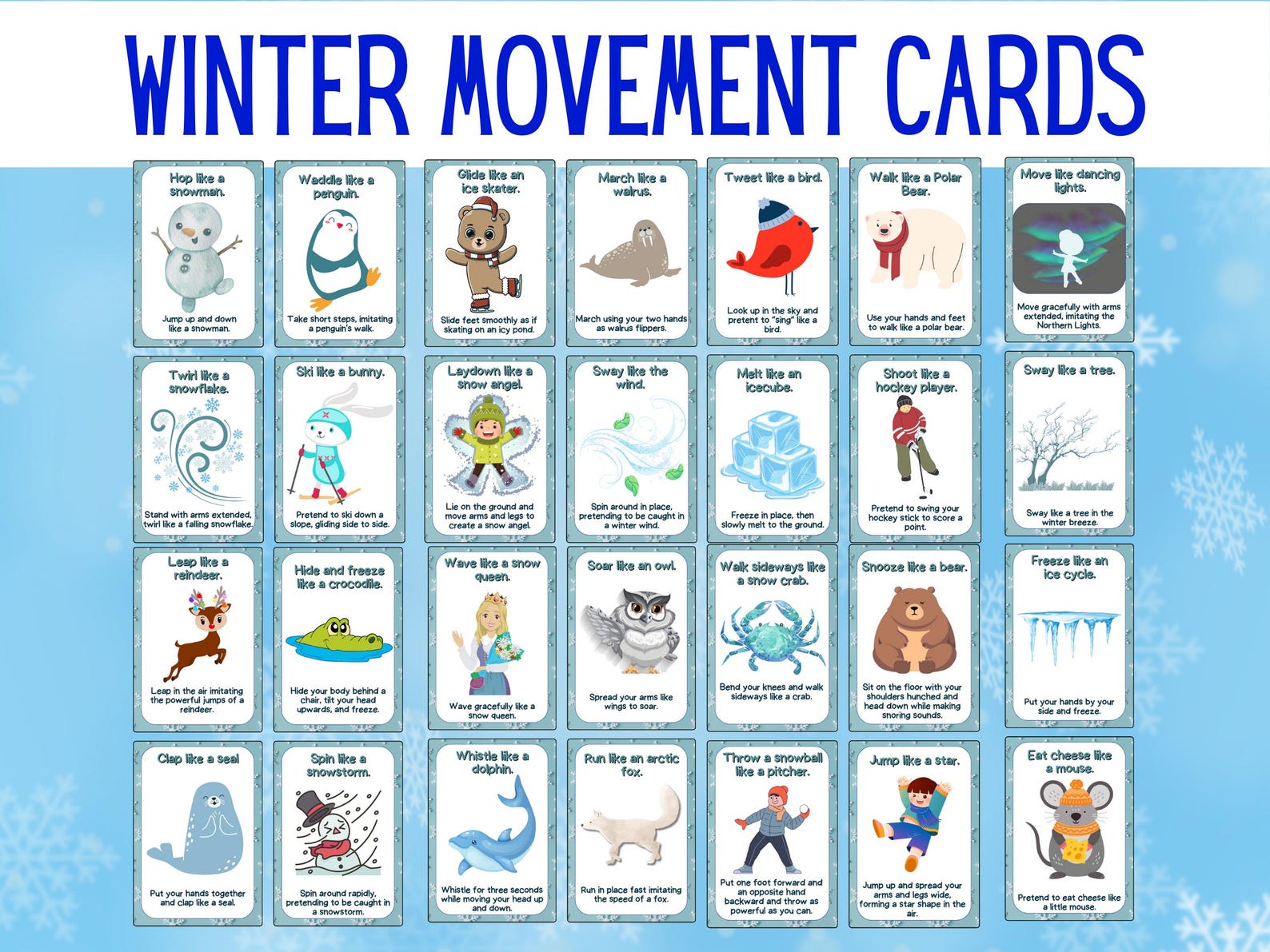 Winter Movement Cards for Kids | Printable Gross Motor Activities | Fun ...