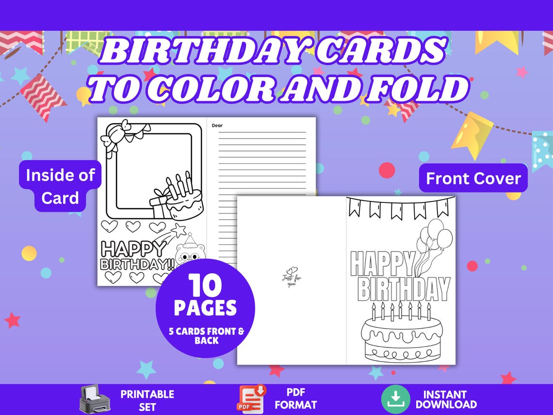 Printable Birthday Cards to Color and Fold for Kids | Fun DIY Coloring ...
