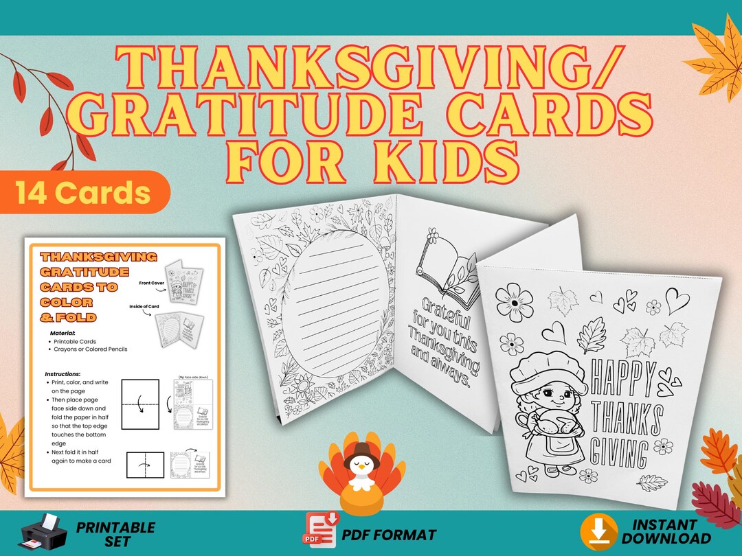 Thanksgiving Gratitude Cards for Kids Printable | 14 Coloring Thank You ...