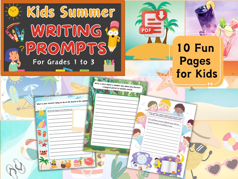 Kids Summer Writing Prompts Printable PDF for Grades 1 to 3 | Creative ...