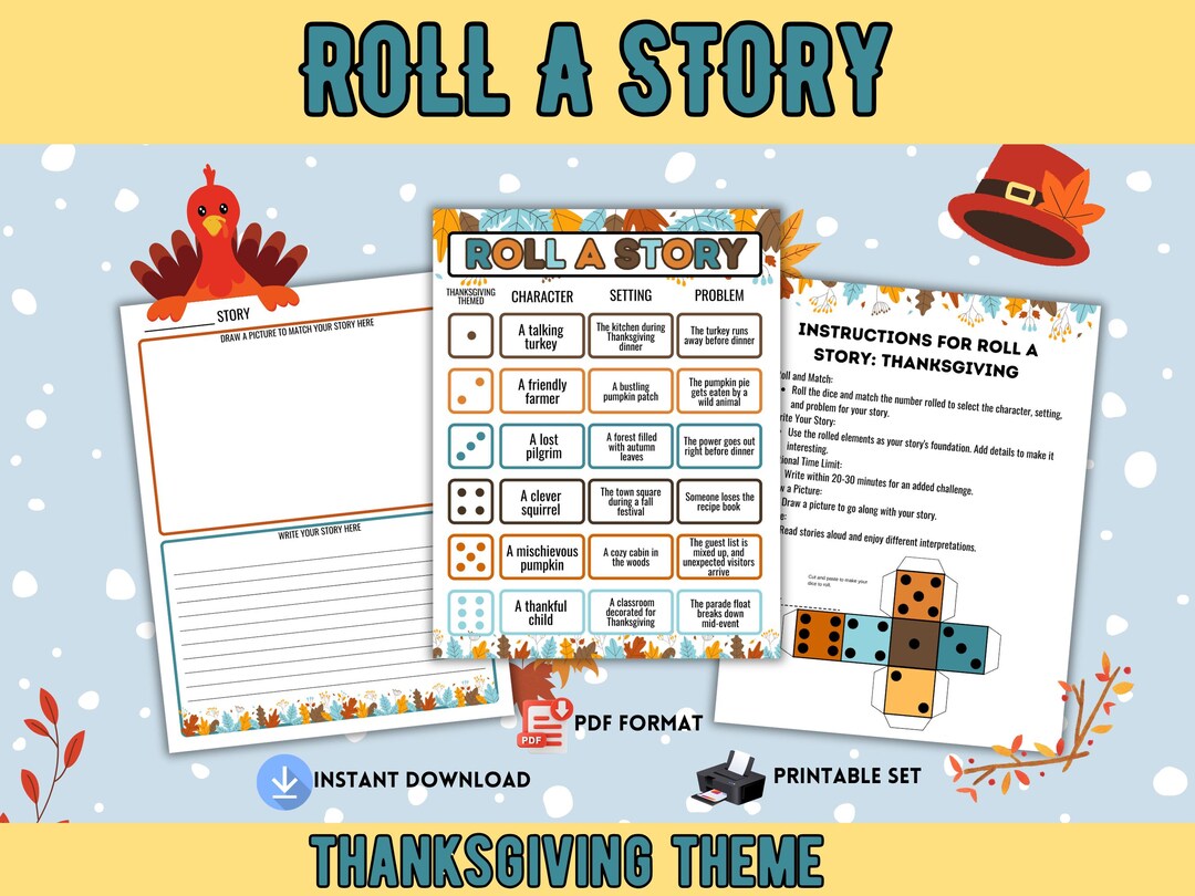 Roll a Story Thanksgiving Writing Prompt Printable Dice Game for Kids ...