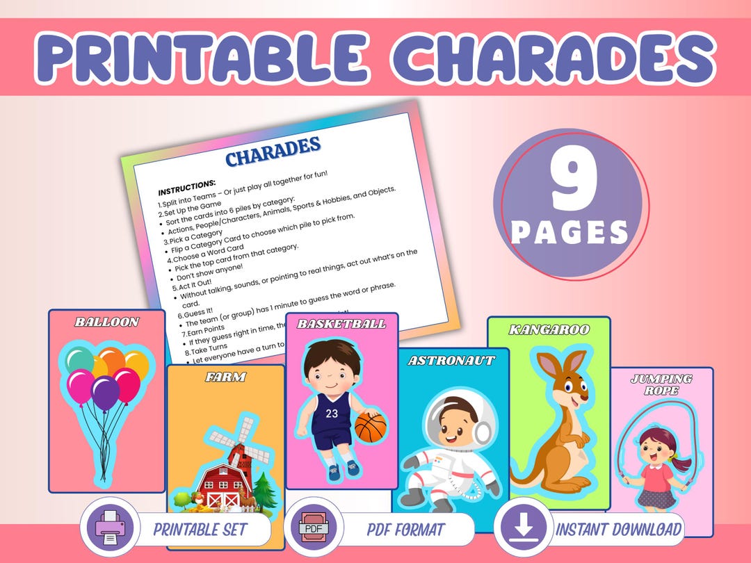 Printable Charades Game for Kids and Families – 9 Page Charades Cards ...