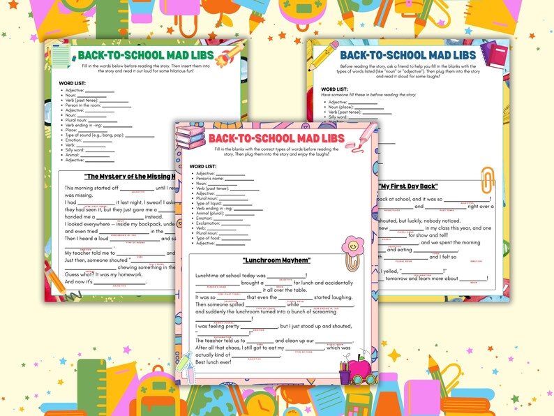Back to School Mad Libs Printable Set | Fun Classroom Activity | Kids ...