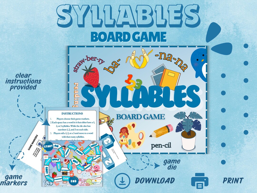 Syllables Board Game Printable Phonics Game Kids Reading Activity ...