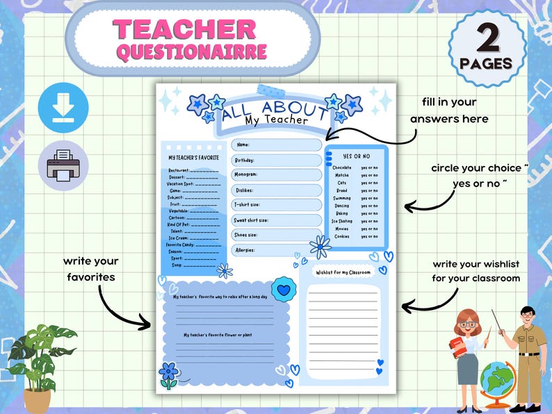 Teacher Questionnaire Printable | Meet the Teacher All About My Teacher ...