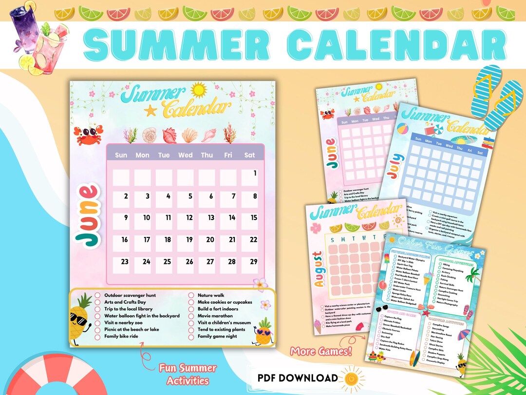 Summer Activity Calendar for Kids | Printable Summer Planner | June ...