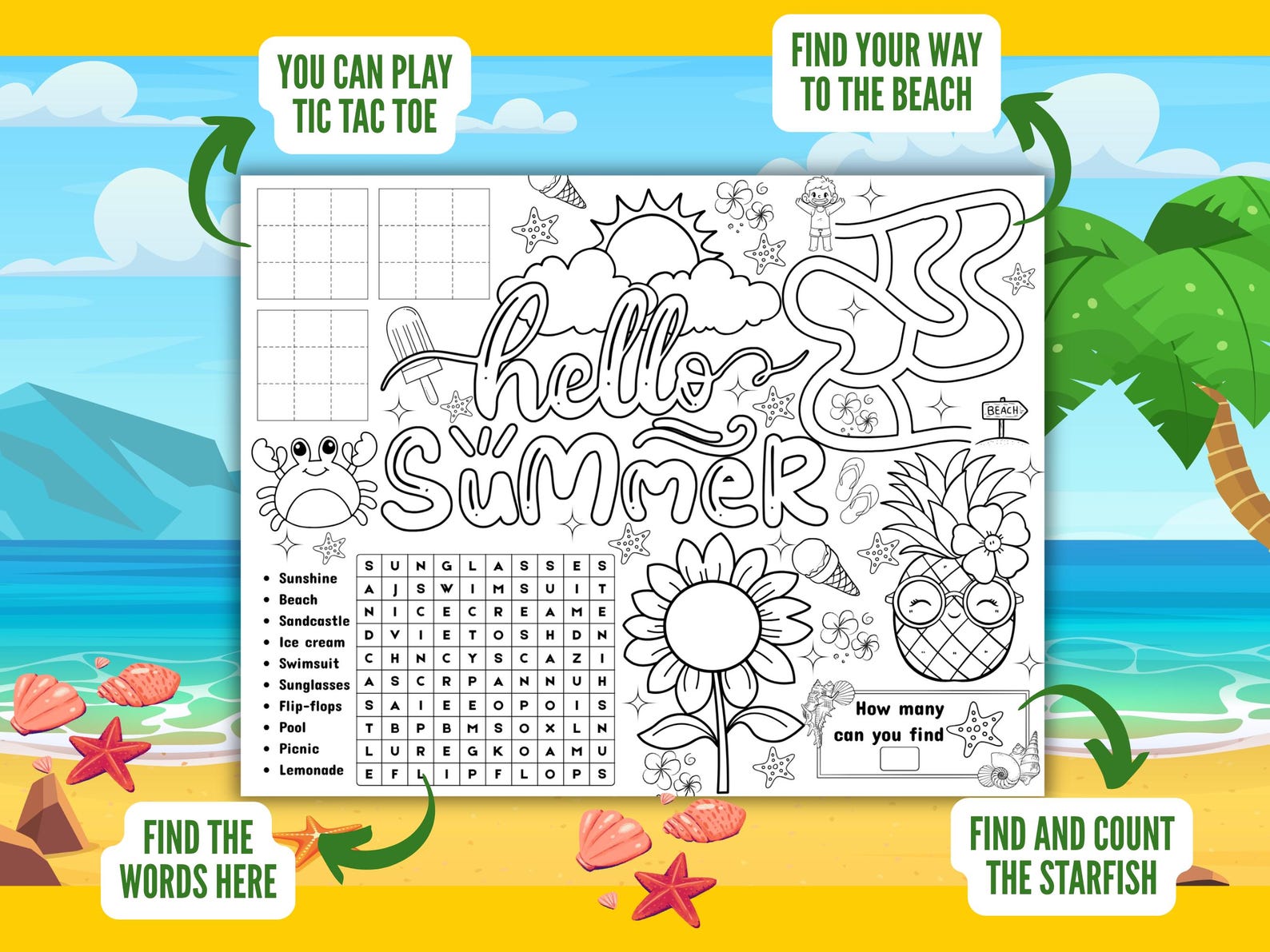 Summer Activity Placemats Printable Set for Kids – Mazes, Word Search ...