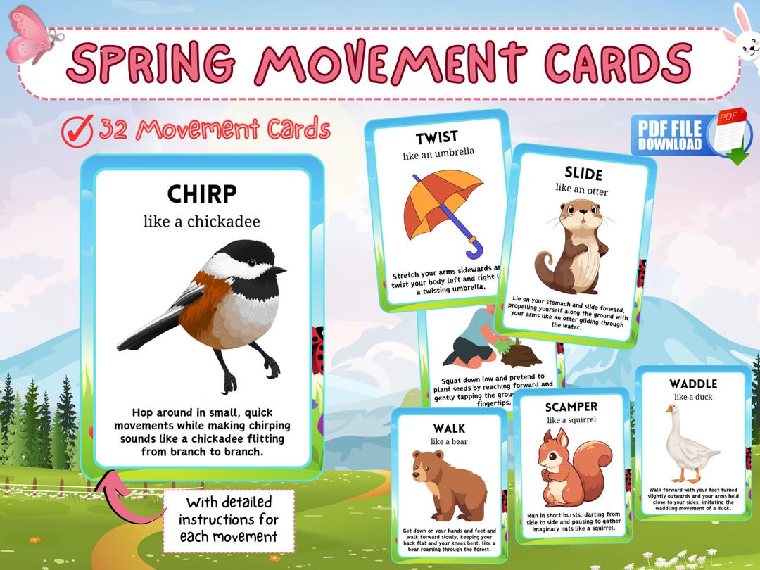 Spring Movement Cards for Kids Printable | 32 Animal Action Flashcards ...