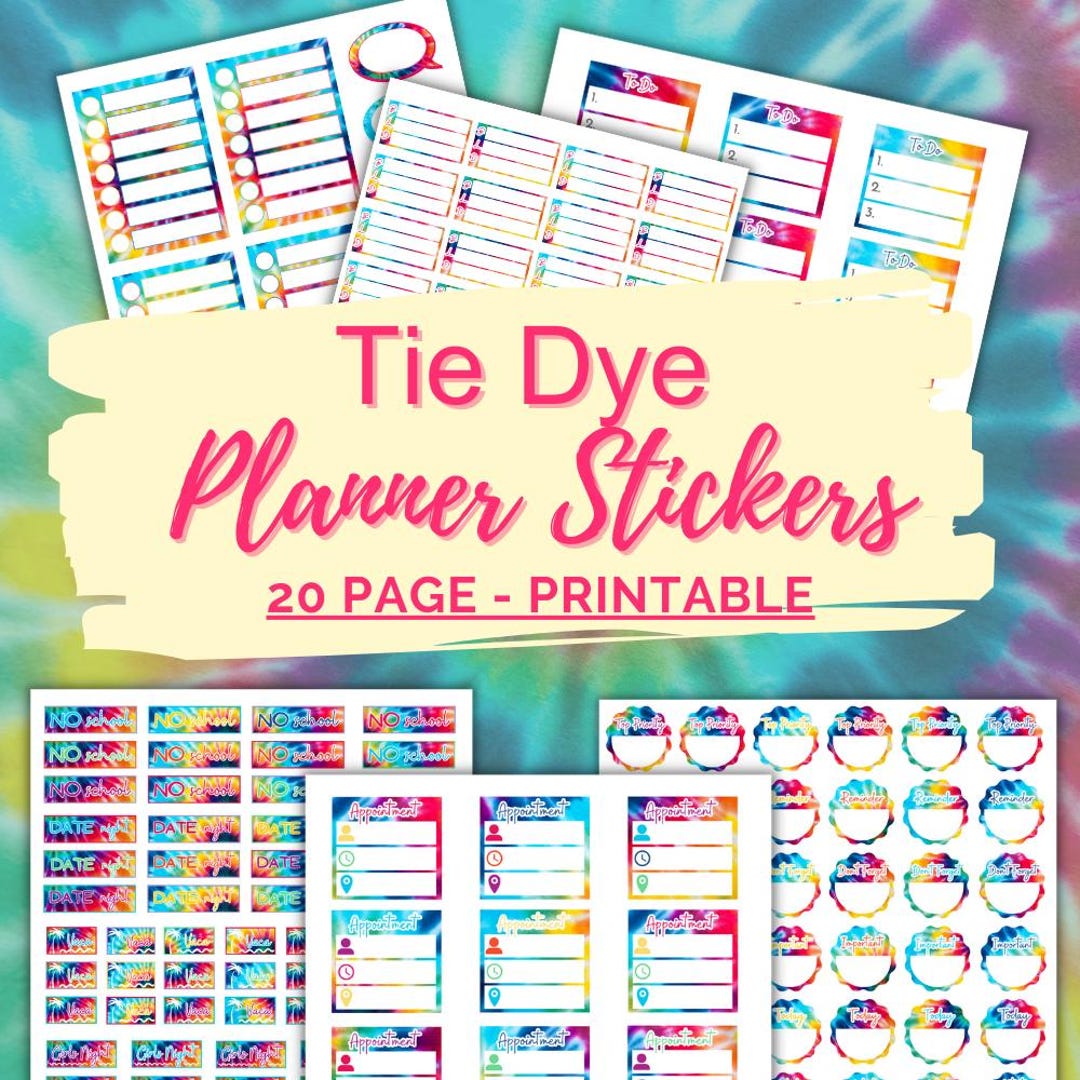 Tie Dye Planner Stickers Printable Set | 20 Page Planner Sticker Kit ...