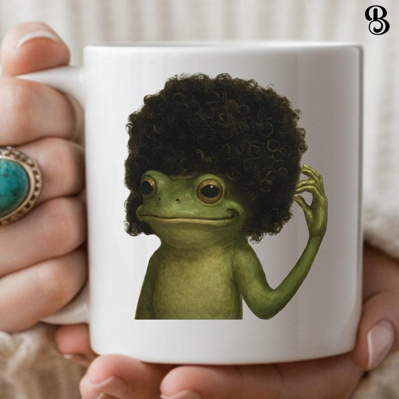 Frog With Bob Haircut Meme Mug, Funny Frog Art Mug, Quirky Animal Meme ...