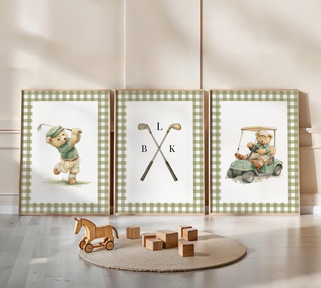 Golf Teddy Bear Nursery Art Set – Personalized Sports Wall Decor for ...