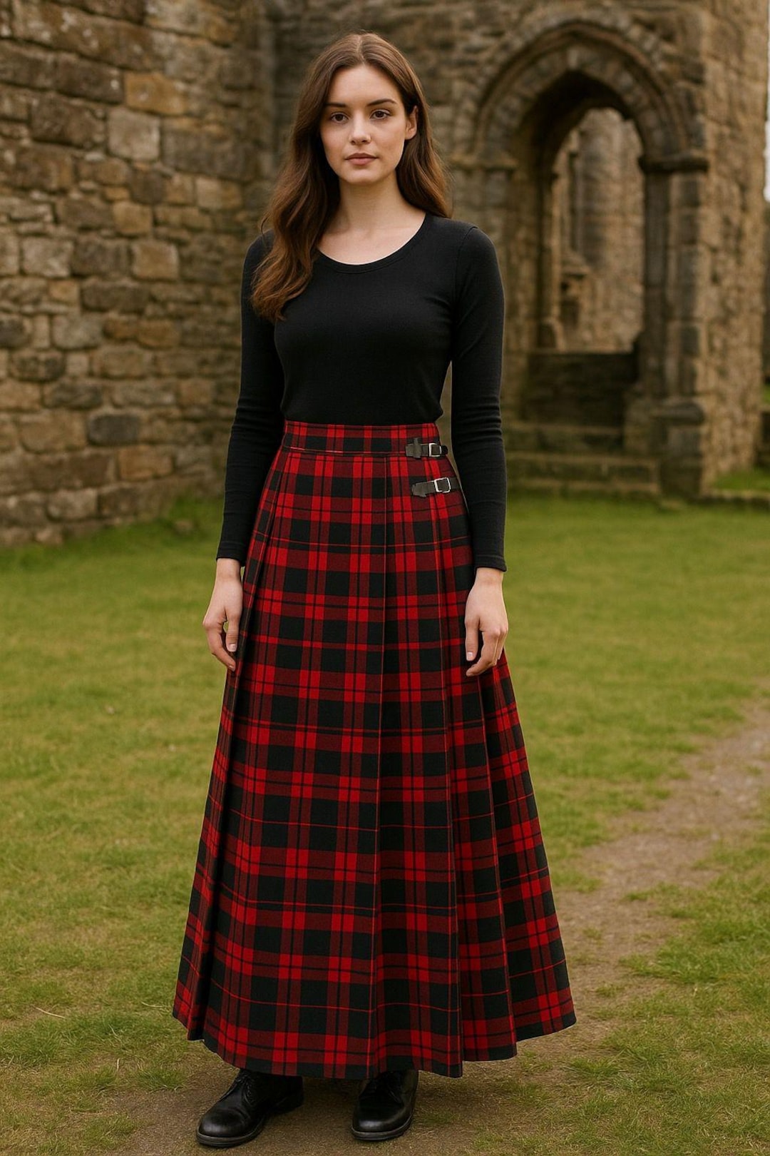 Women Scottish Tartan Ladies Maxi Skirt – Back Pleated Girls Women's ...