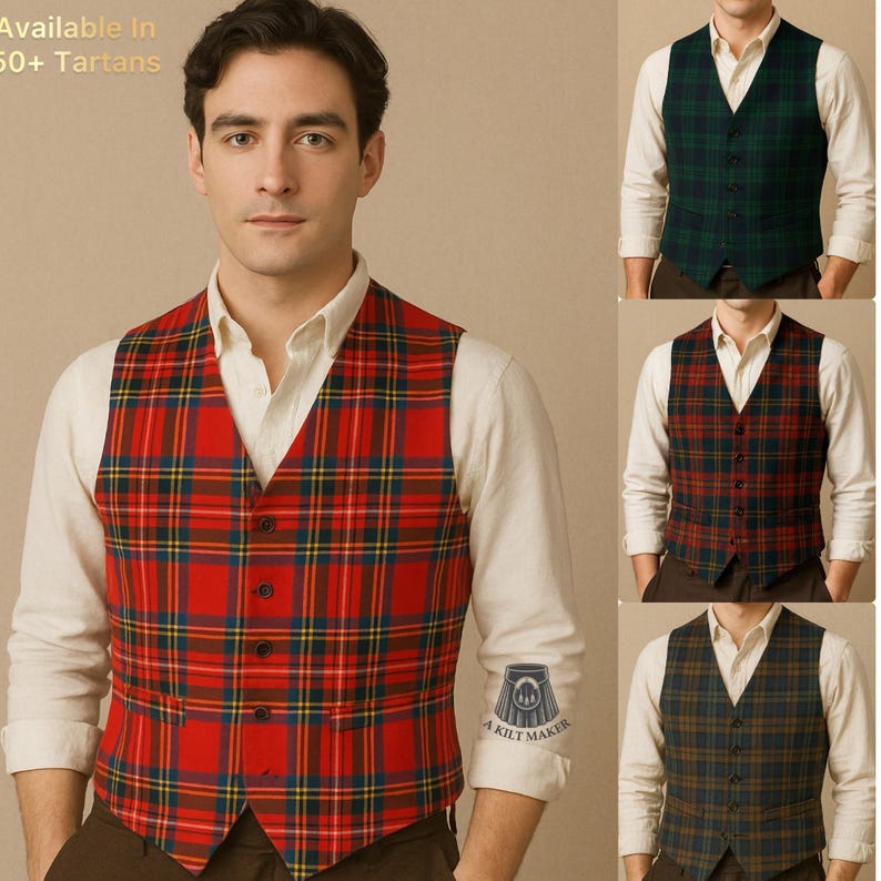 Men's Scottish Tartan Kilt Vest Traditional 5 Button Argyle Kilt ...