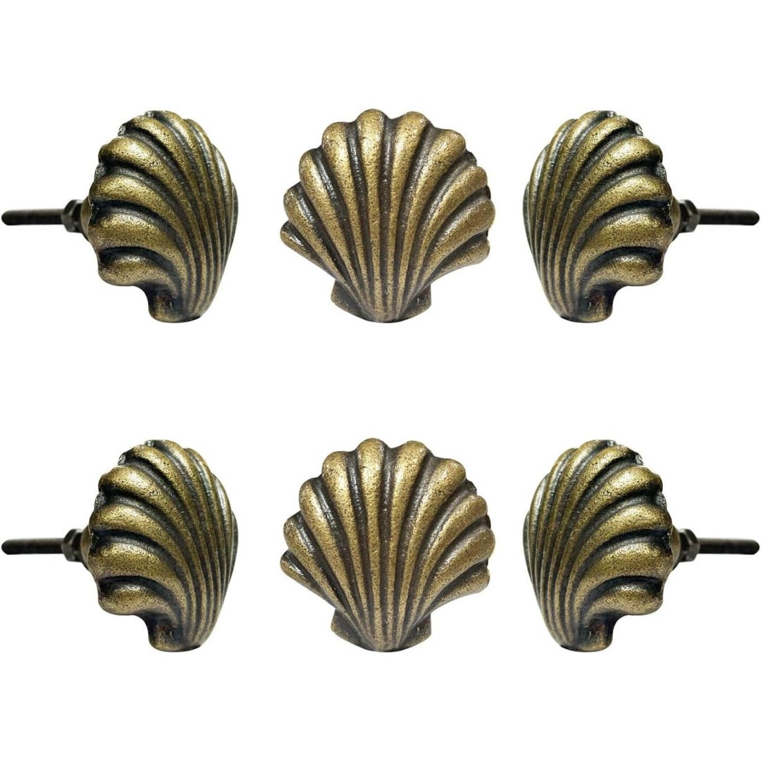 Set of 6 Beach Shell Metal Cabinet Knobs Coastal Scallop Shell Drawer ...