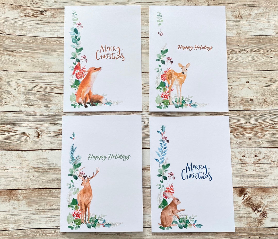 Set of 12 Woodland Watercolor Christmas Holiday Greeting Cards With ...