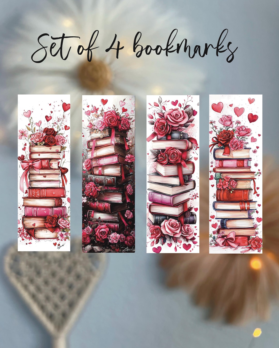 Ready-to-ship! Set of 4 Valentines Bookmarks, Hearts, Books, Bows - Etsy