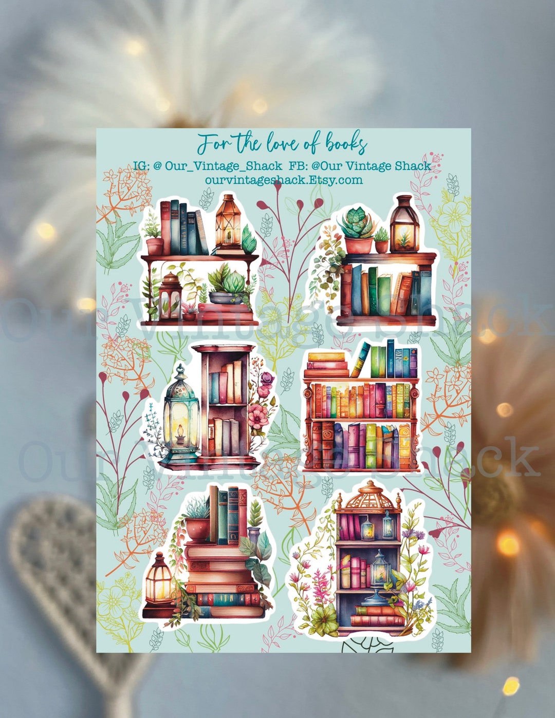 Boho Vintage Bookshelves Vinyl Sticker Sheets, Book Lovers, Butterflies ...
