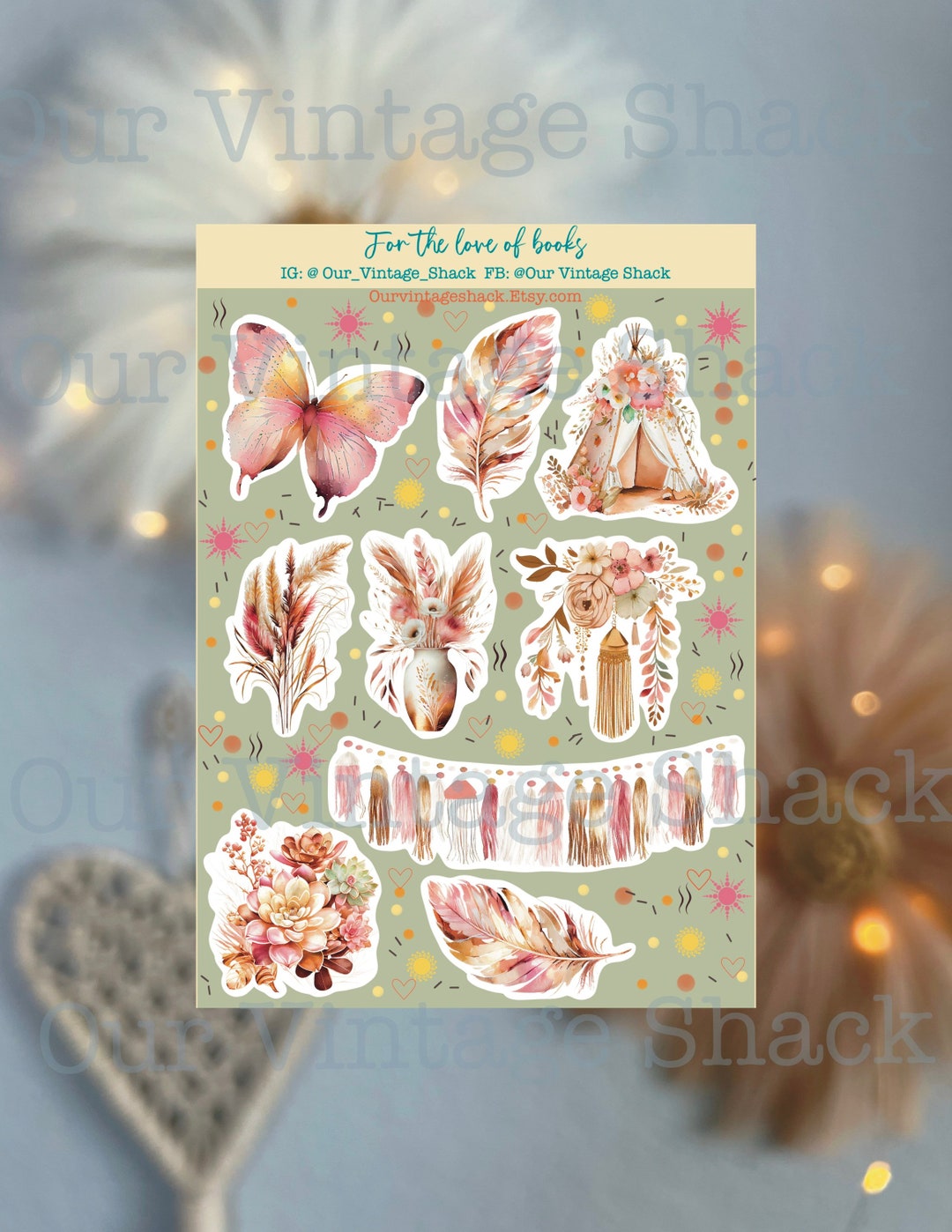 Boho Vinyl Sticker Sheets Book Lovers, Butterflies, Dream Catchers ...