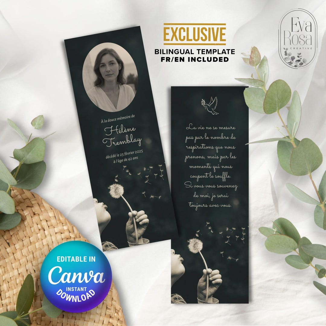 Personalized Funeral Bookmark – Canva FR/EN Template – Printable ...