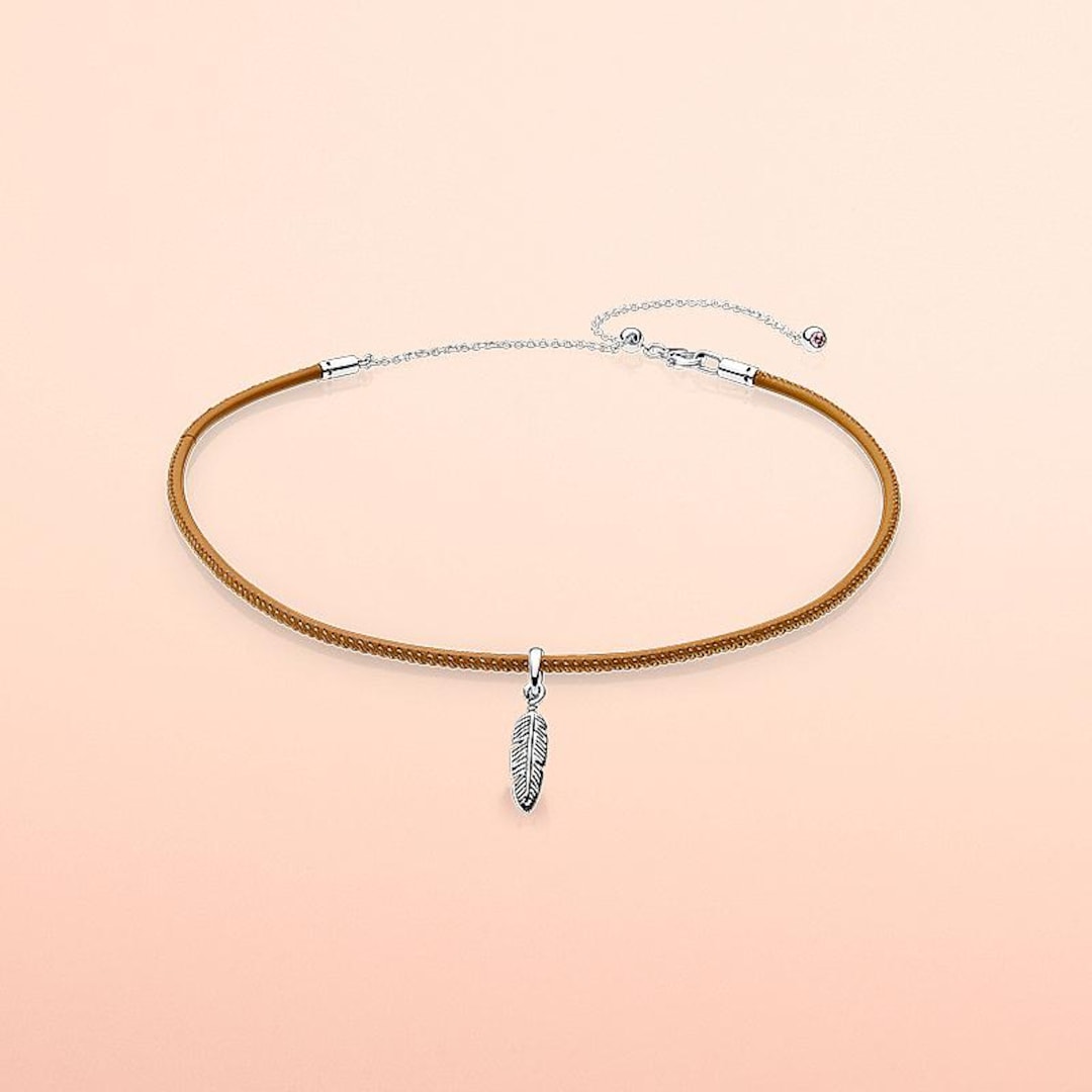 Pandora Tan Leather Feather Choker Necklace - Etsy