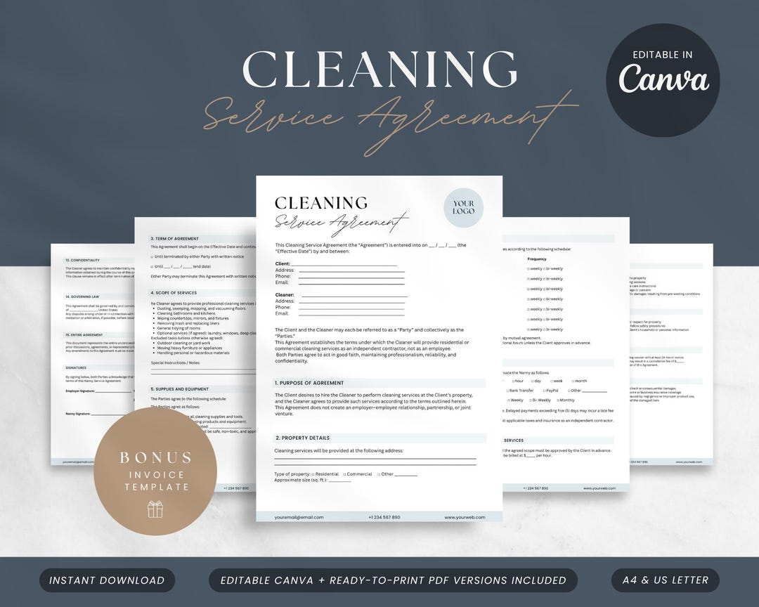 Cleaning Service Agreement | House Cleaner Contract Template | Editable ...