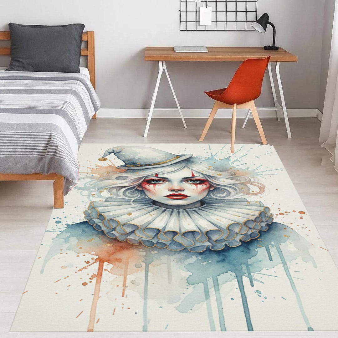 Watercolor Portrait Rug: Washable Gothic Clown Mat, Dark Academia Art ...